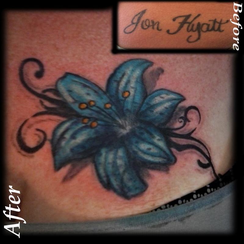 Daddy Jacks Body Art Studio : Tattoos : Flower Lily : Script Cover Up