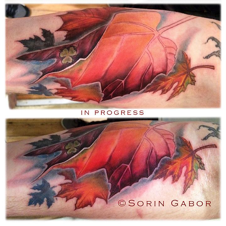 Realistic color fall leaves tattoo by Sorin Gabor : Tattoos