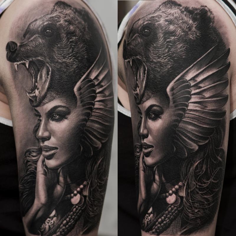 Girl with bear hat by Remis Tattoo : Tattoos