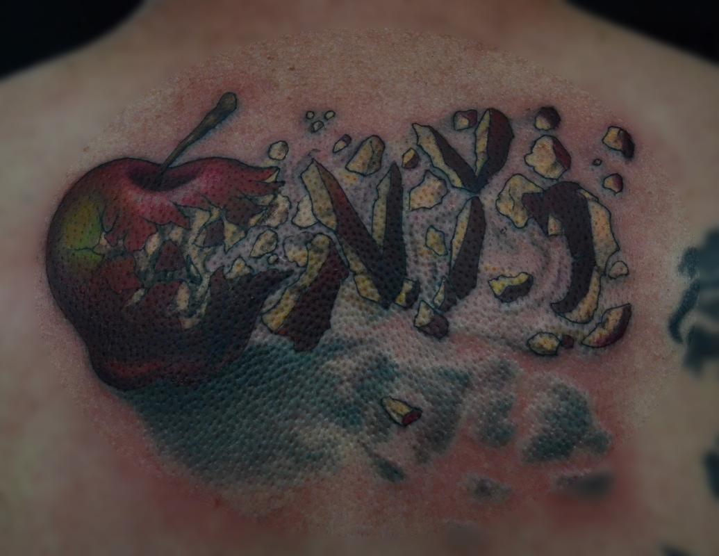 Rafael Marte Tattoos : Tattoos : Back & Chest : Exploding NYC Apple