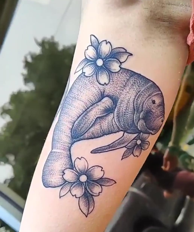 Manatee and flowers by Drew Potts : Tattoos
