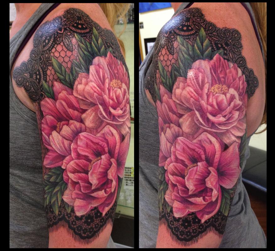 Peonies and lace by Pepper : Tattoos